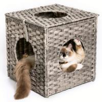 China Hot Sale Extra Large Double Square Wood Cat Cave Pet Cube Foldable Hideaway Natural Handwoven Bed for sale