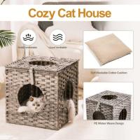 China Hot Sale Extra Large Double Square Wood Cat Cave Pet Cube Foldable Hideaway Natural Handwoven Bed for sale