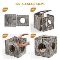 China Hot Sale Extra Large Double Square Wood Cat Cave Pet Cube Foldable Hideaway Natural Handwoven Bed for sale