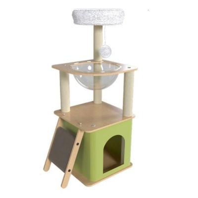 China Luxury Modern Eco-Friendly Plastic Green Cat Tree Tower Jumping Platform Space Capsule Design Hanging Ball Condo Carton for sale
