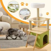 China Luxury Modern Eco-Friendly Plastic Green Cat Tree Tower Jumping Platform Space Capsule Design Hanging Ball Condo Carton for sale