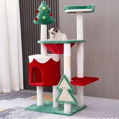 China Modern Luxury Cat Tower Sisal Scratching Board Christmas Tree Design Soft Plush Cat Bed Indoor Cat Toy Xmas Gift Wood Material for sale
