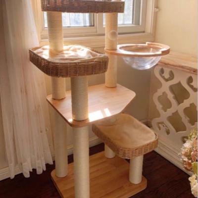 China Luxury Wood & Rattan Space Capsule Cat Scratching Tree Durable & Eco-Friendly for Halloween Decorations for sale