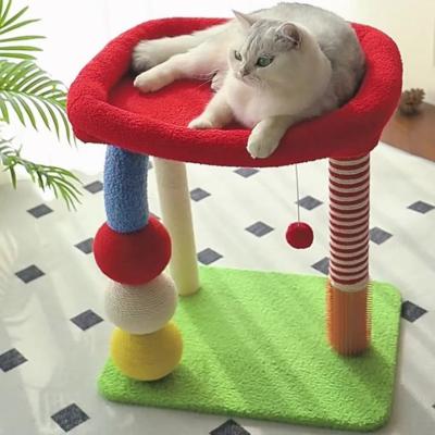 China Colorful Red U-Shaped Eco-Friendly Cat Climbing Frame Jumping Platform Multi-Functional Wood Column Cat Toy Set Including Carton for sale