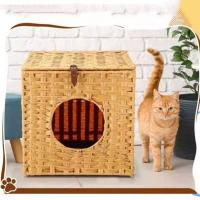 China Cute Natural Rattan Wicker Cat House Hand Woven Bed Basket for Cats and Small Dogs Square Design with Laundry Style for sale
