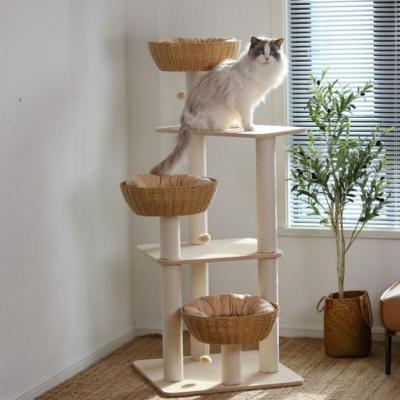 China Modern Luxury Large Cat Tree Tower Custom Factory-Designed Log Color Rattan with Stylish Bed and Scrapers Cat Scratching House for sale