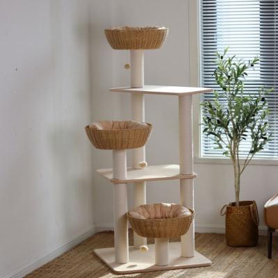 China Factory Custom Modern Luxury Log Color Rattan Large Climbing Scratching Tree Condo for s with Scrapers and Bed for sale