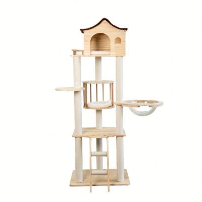 China Luxury Solid Wood Multi-Level Cat Tower with Sisal Scratching Post Premium Pet Condos Large Christmas Toy Cat Climbing Frame for sale