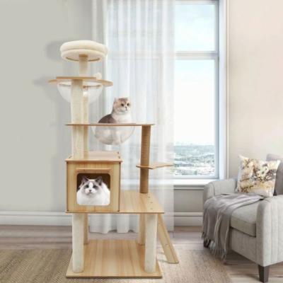 China 5-Tier Luxury Cat Tree One-piece Large Wood Cat Climbing Frame with Swing Ball for Indoor Large Cats of All Ages for sale