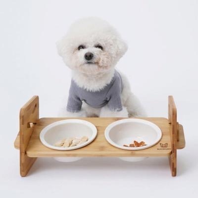 China Small Animal Pet Dog Food Water Bowl Set Stainless Steel Dog Cat Bowls Non-Slip Wood Stand for Puppy Cat White Ceramic Pet Bowls for sale