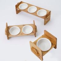 China Small Animal Pet Dog Food Water Bowl Set Stainless Steel Dog Cat Bowls Non-Slip Wood Stand for Puppy Cat White Ceramic Pet Bowls for sale