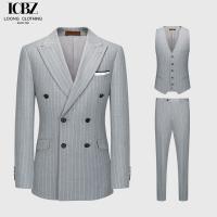 China Gray Striped Double-Breasted Gun Lapel Slim Fit 3 Piece Business Suit Set for sale