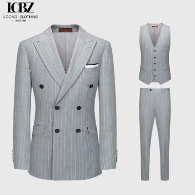 China Gray Striped Double-Breasted Gun Lapel Slim Fit 3 Piece Business Suit Set for sale