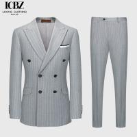 China Gray Striped Double-Breasted Gun Lapel Slim Fit 3 Piece Business Suit Set for sale