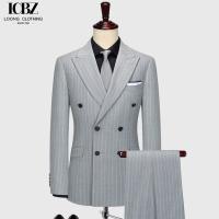 China Gray Striped Double-Breasted Gun Lapel Slim Fit 3 Piece Business Suit Set for sale