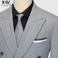 China Gray Striped Double-Breasted Gun Lapel Slim Fit 3 Piece Business Suit Set for sale
