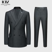 China Men's Double Breasted 6 Button Formal Suit Vertical Striped Gun Lapel Wool Polyester Sizes M-5XL for sale