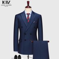 China Men's Double Breasted 6 Button Formal Suit Vertical Striped Gun Lapel Wool Polyester Sizes M-5XL for sale