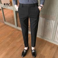 China Men's Mid Waist Striped Formal Pants Plus Size 2XL Polyester Dress Trousers for sale