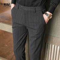 China Men's Mid Waist Striped Formal Pants Plus Size 2XL Polyester Dress Trousers for sale