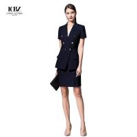 China Dark Navy Slim Fit Blazer for Women Office Short Sleeve V-Neck Suit Set S-XXXL for sale