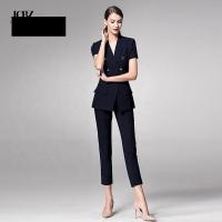 China Dark Navy Slim Fit Blazer for Women Office Short Sleeve V-Neck Suit Set S-XXXL for sale