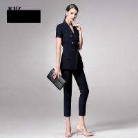 China Dark Navy Slim Fit Blazer for Women Office Short Sleeve V-Neck Suit Set S-XXXL for sale