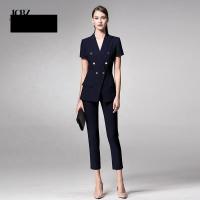 China Dark Navy Slim Fit Blazer for Women Office Short Sleeve V-Neck Suit Set S-XXXL for sale