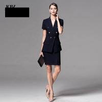 China Dark Navy Slim Fit Blazer for Women Office Short Sleeve V-Neck Suit Set S-XXXL for sale