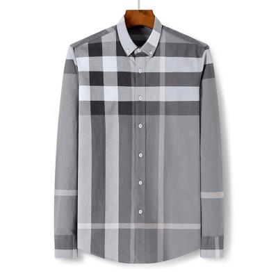 China Solid Grey Check Men's Casual Dress Shirt Spring Autumn S-2XL 70cm Length for sale