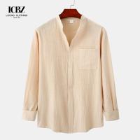 China Men's Orange Cotton Linen Shirt Breathable Material for Warm Weather Sizes XXL to 10XL for sale