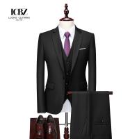 China Men's 3-Piece Woolen Suit Set Flat Front Jacket Pants Vest Formal Wear 2024 for sale