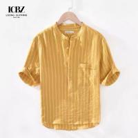 China Solid Pattern Type Men's Dress Shirt Custom Logo Long Sleeve Breathable Cotton Linen for sale
