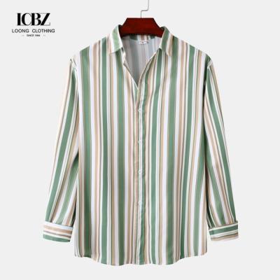 China Custom Logo Vertical Striped Casual Dress Shirts for Men Viscose Polyester Spandex Size up to 10XL for sale