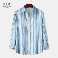 China Custom Logo Vertical Striped Casual Dress Shirts for Men Viscose Polyester Spandex Size up to 10XL for sale