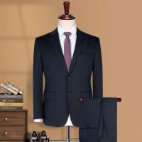 China Men's Dark Blue Business Suit Polyester Cotton Single Breasted Jacket Trousers 2 Piece Set for sale