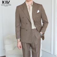China Italian Vintage Brown Double Breasted Striped Suit Jacket Men Professional Blazer S-10XL for sale
