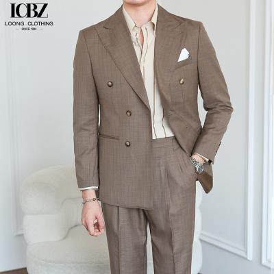 China Italian Vintage Brown Double Breasted Striped Suit Jacket Men Professional Blazer S-10XL for sale