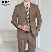 China Italian Vintage Brown Double Breasted Striped Suit Jacket Men Professional Blazer S-10XL for sale