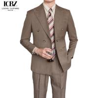 China Italian Vintage Brown Double Breasted Striped Suit Jacket Men Professional Blazer S-10XL for sale