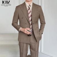 China Italian Vintage Brown Double Breasted Striped Suit Jacket Men Professional Blazer S-10XL for sale