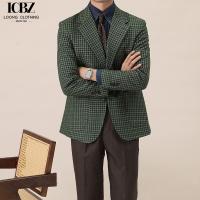 China Polyester/Rayon Fabric Men's Suit Retro Single Breasted No Ironing Needed Green Plaid for sale