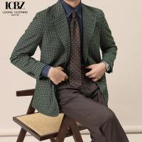 China Polyester/Rayon Fabric Men's Suit Retro Single Breasted No Ironing Needed Green Plaid for sale