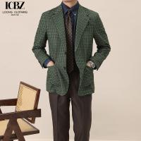 China Polyester/Rayon Fabric Men's Suit Retro Single Breasted No Ironing Needed Green Plaid for sale