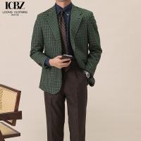 China Polyester/Rayon Fabric Men's Suit Retro Single Breasted No Ironing Needed Green Plaid for sale