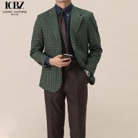 China Polyester/Rayon Fabric Men's Suit Retro Single Breasted No Ironing Needed Green Plaid for sale