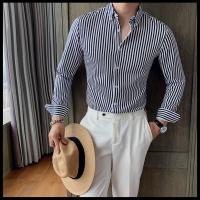 China Stand Collar Polyester Cotton Slim Fit Long Sleeve Striped Formal Shirt for Men 38-46 for sale