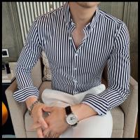 China Stand Collar Polyester Cotton Slim Fit Long Sleeve Striped Formal Shirt for Men 38-46 for sale