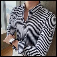 China Stand Collar Polyester Cotton Slim Fit Long Sleeve Striped Formal Shirt for Men 38-46 for sale