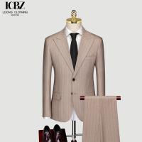 China Custom Men Business Casual Suit Brown Striped Slim Fit Mandarin Collar S-3XL for sale